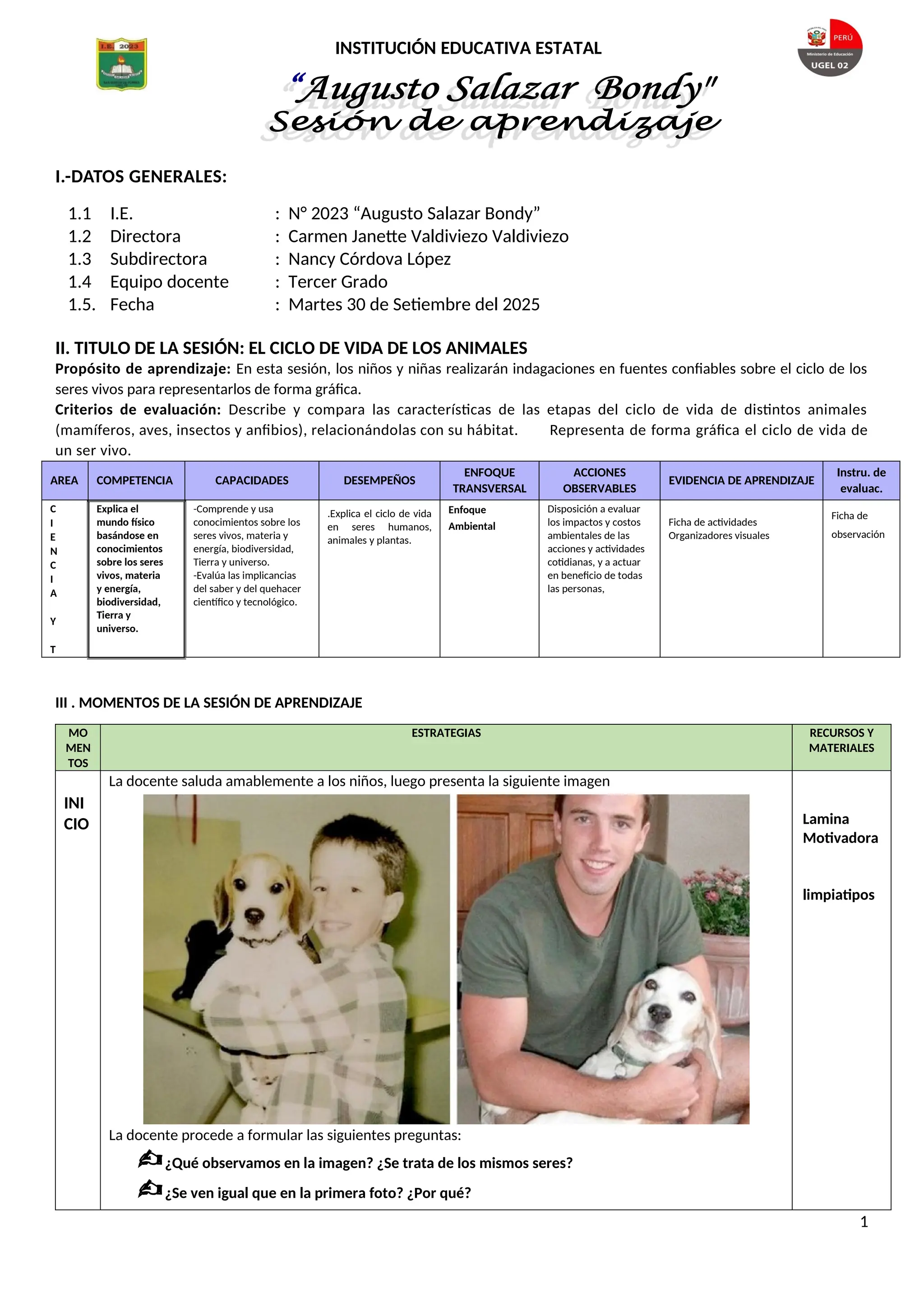 sesion de clases sobre el ciclo de vida de los animales | DOCX
