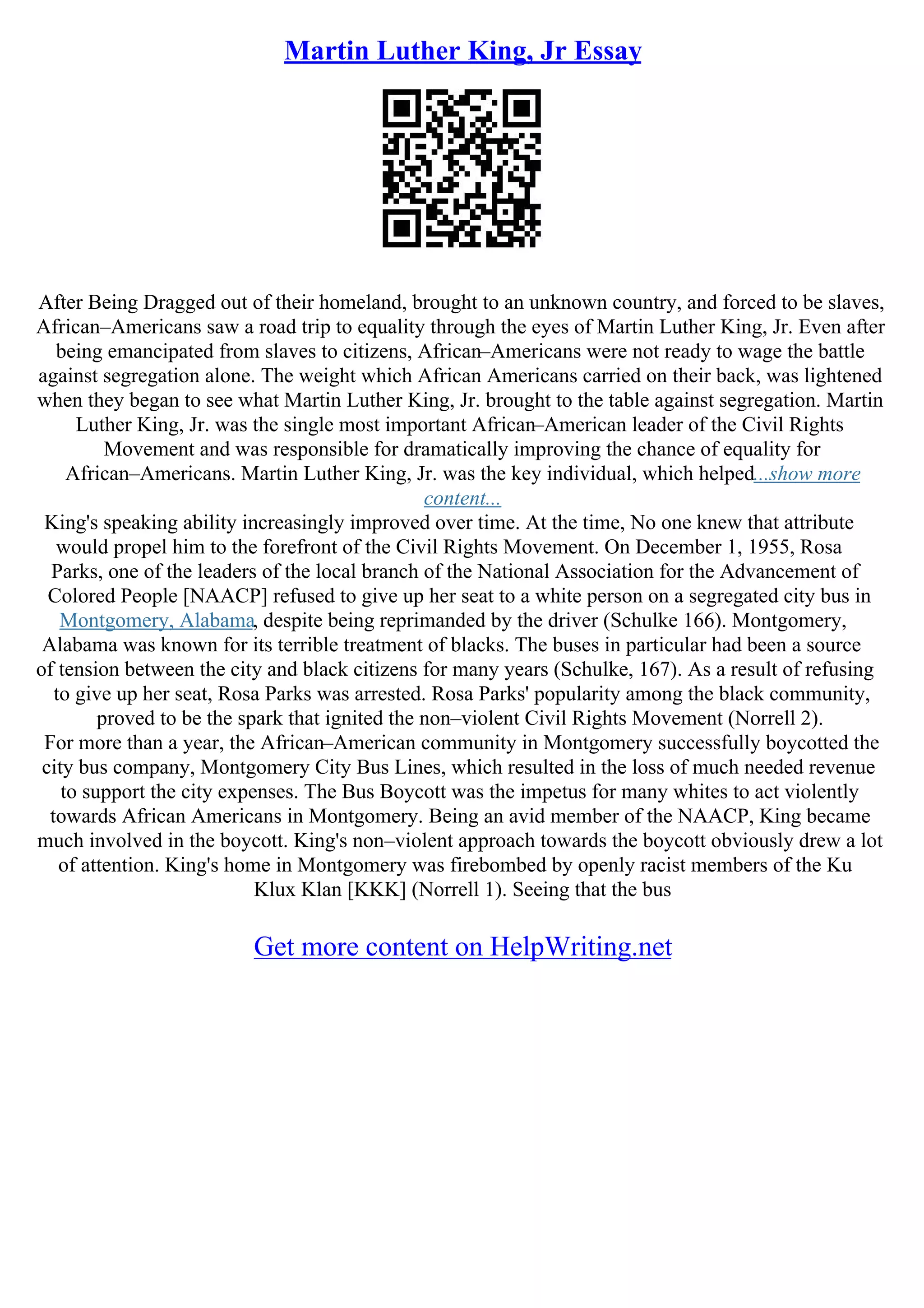 Martin Luther King Jr Biography Essay | PDF