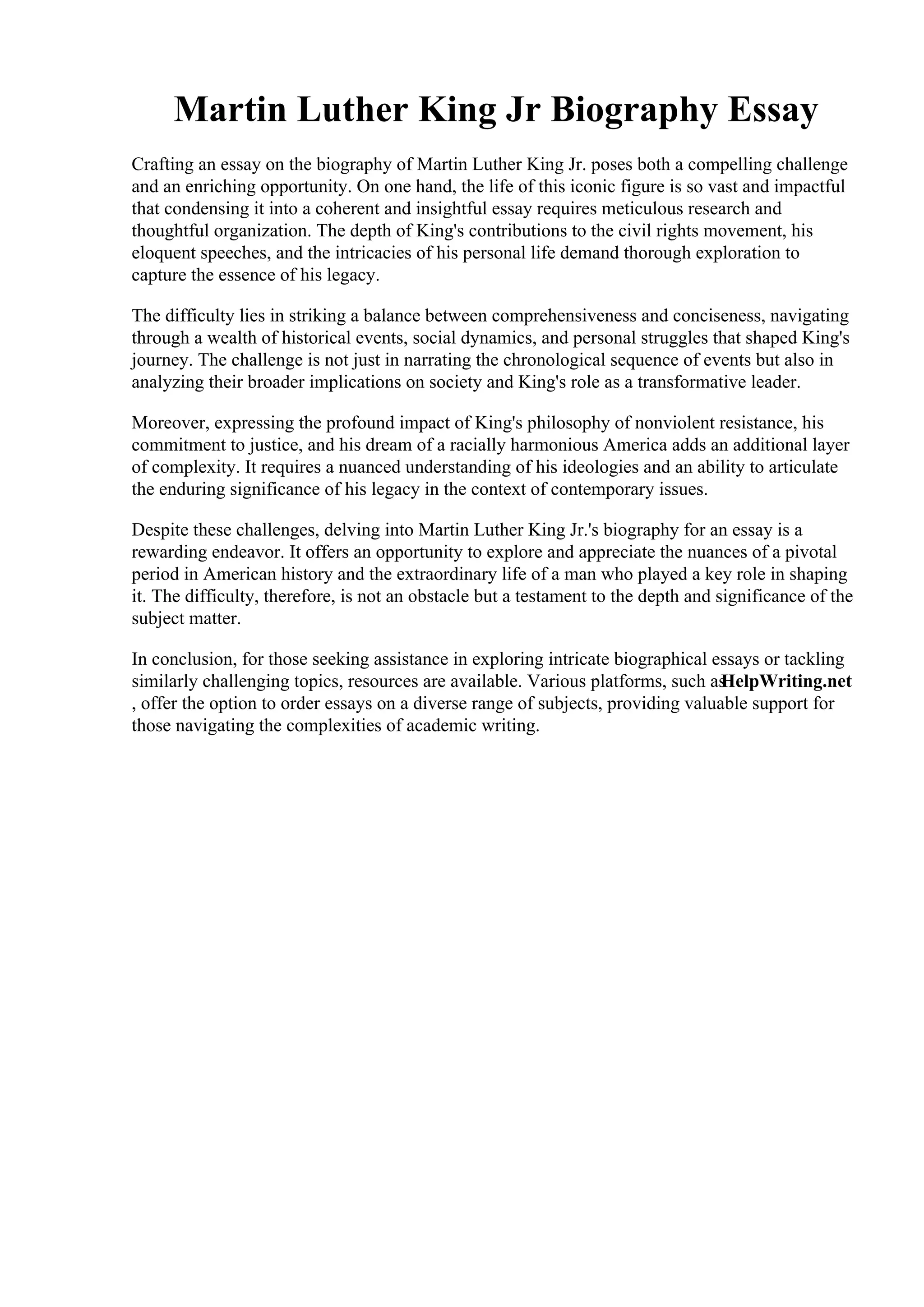 Martin Luther King Jr Biography Essay | PDF