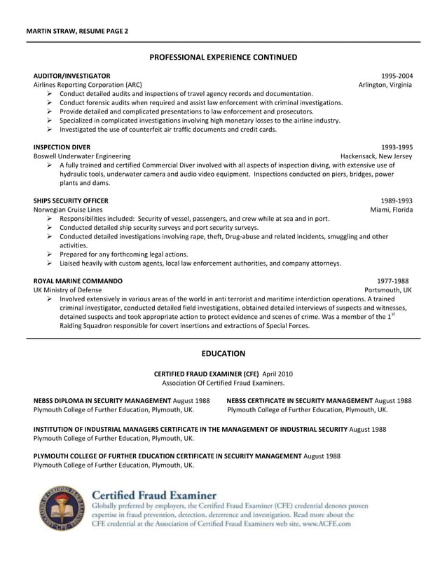 Martin Straw, CFE Certified Fraud Examiner Resume | DOCX