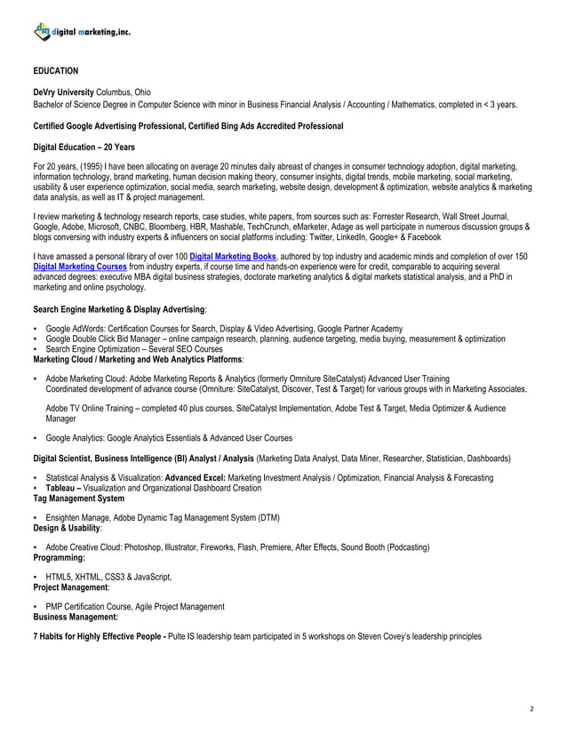 Digital Marketing Executive Qualification Summary - Marty Terbrack ...