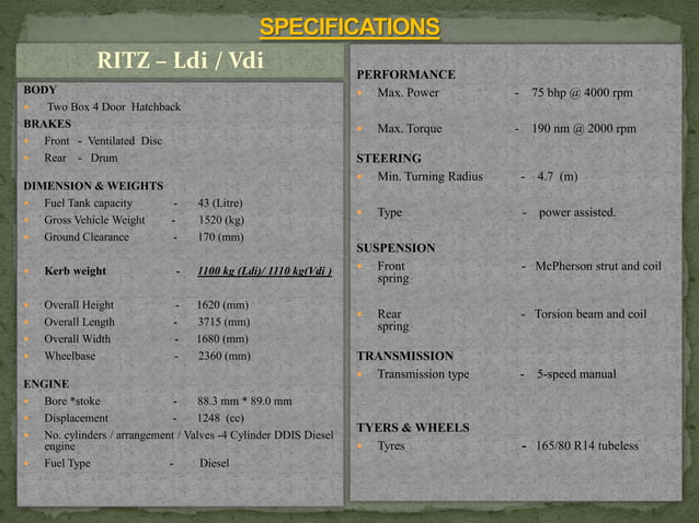 Maruti suzuki cars specifications | PPTX