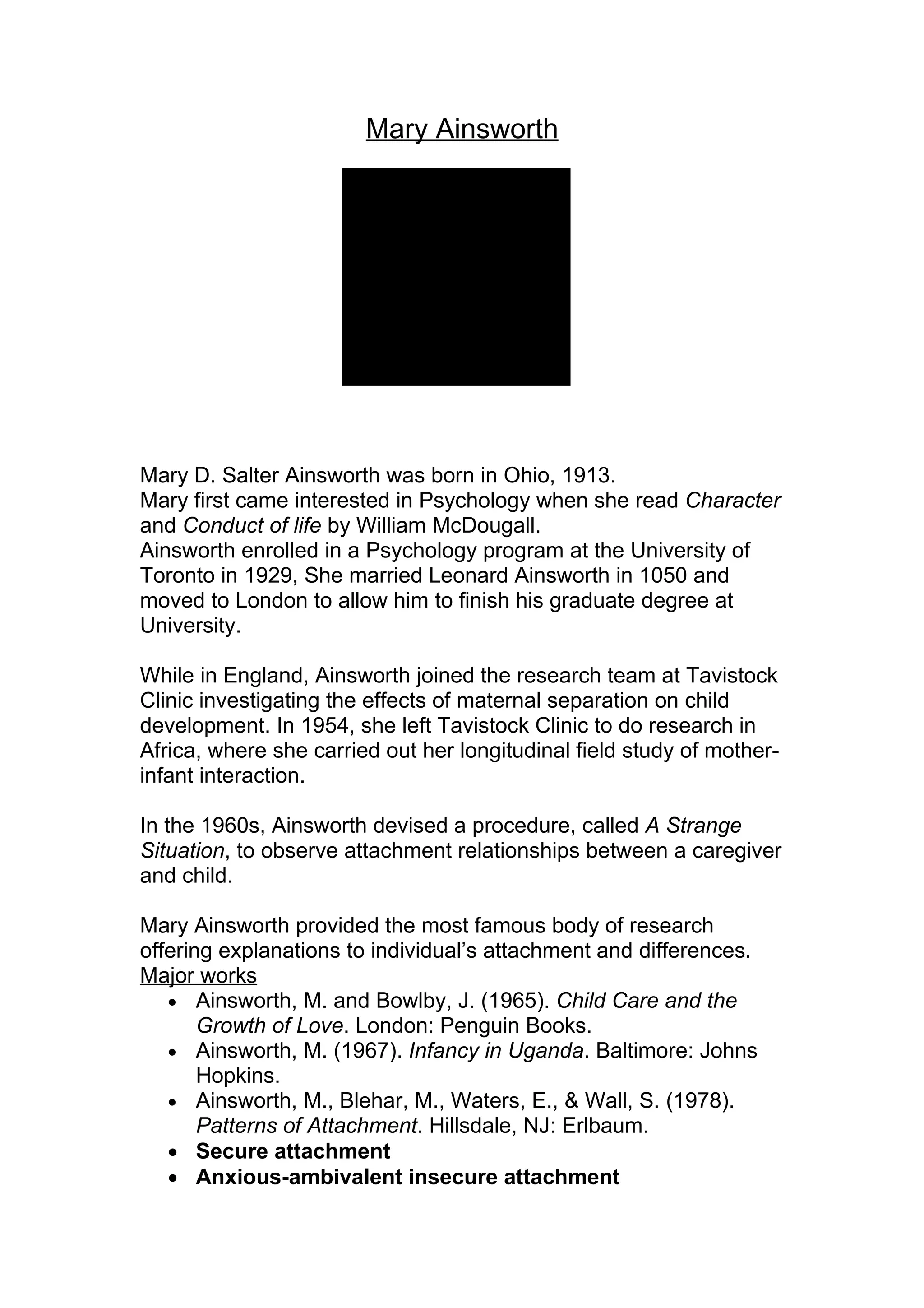 Mary ainsworth | DOC | Parenting | Family and Relationships