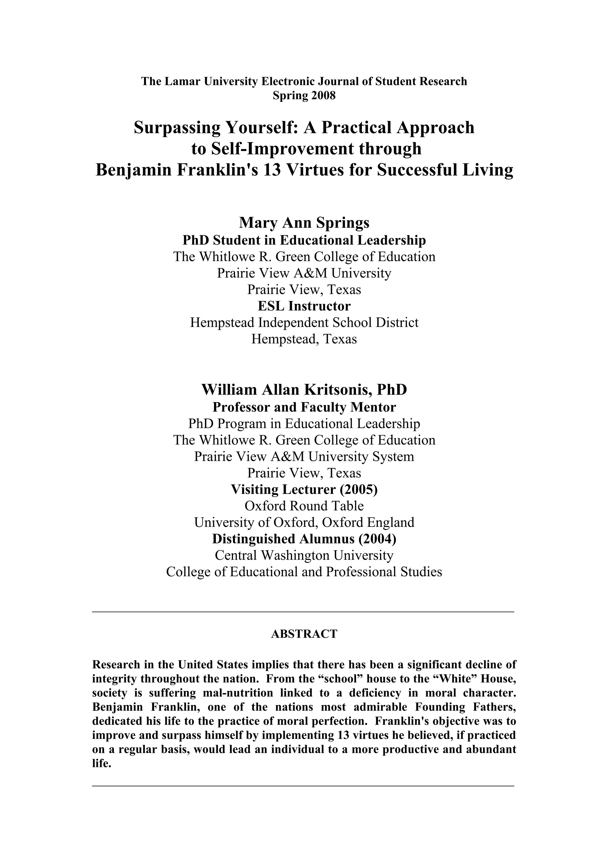 Mary ann springs 13 virtues | DOC