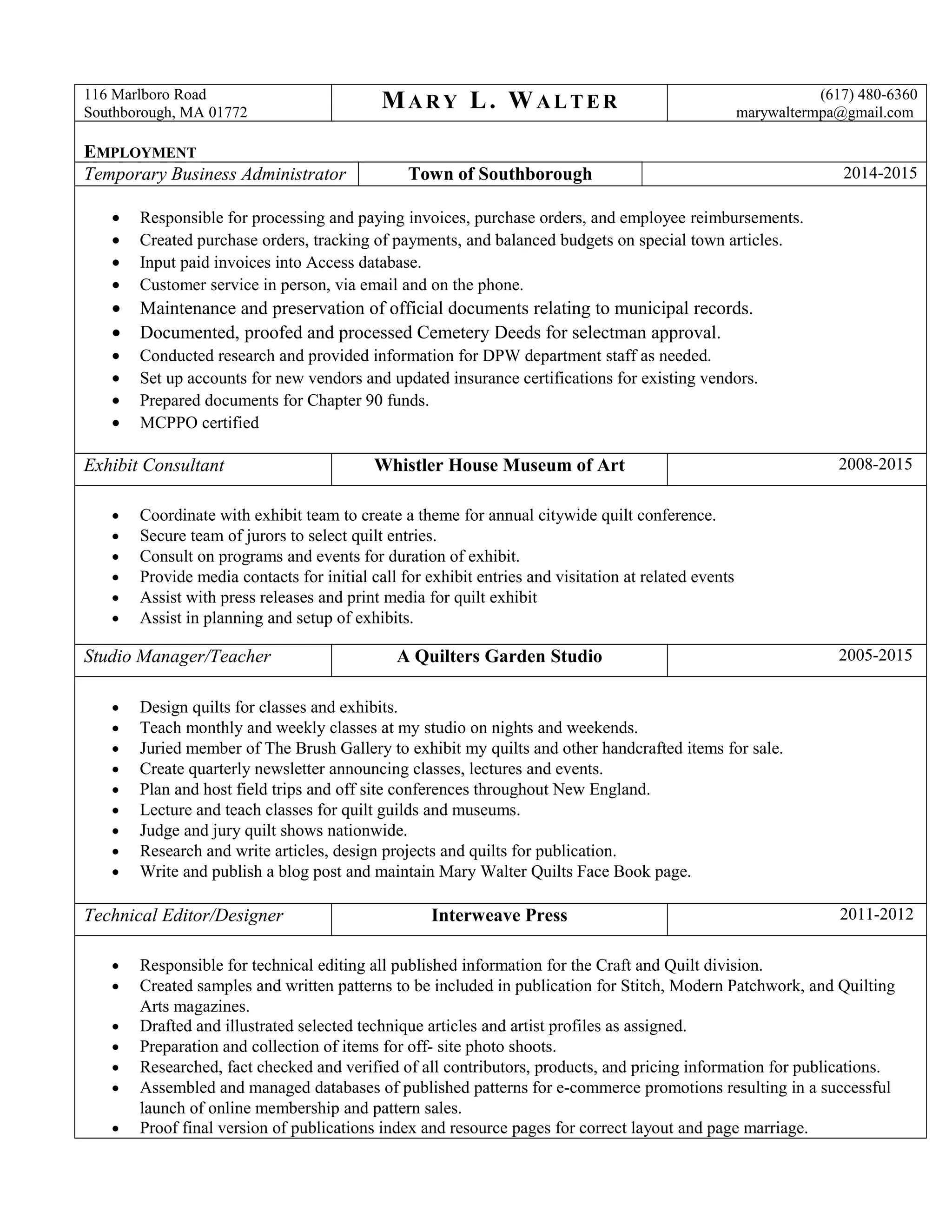 Mary walterresume 2016 | DOC | Needlework | Arts and Crafts