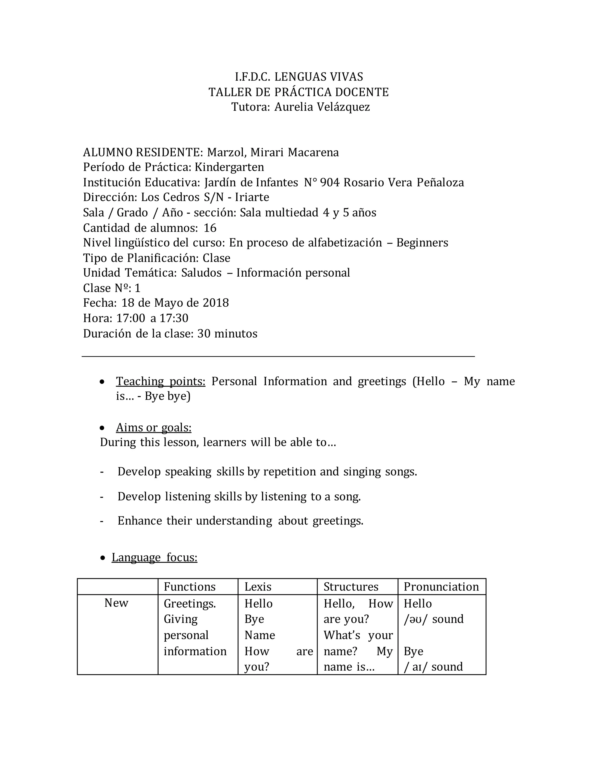 Lesson plan class 1 - Kinder | DOCX