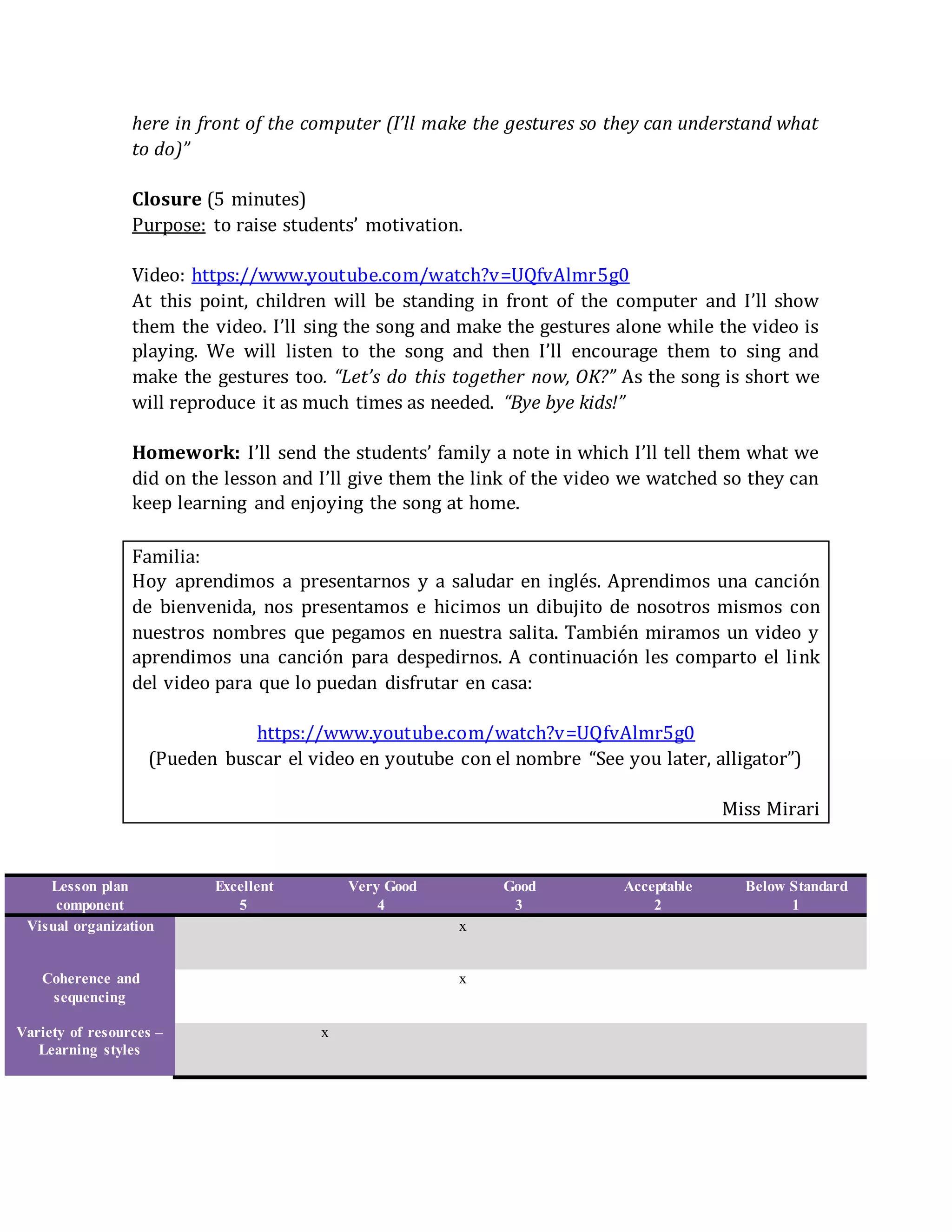 Lesson plan class 1 - Kinder | DOCX