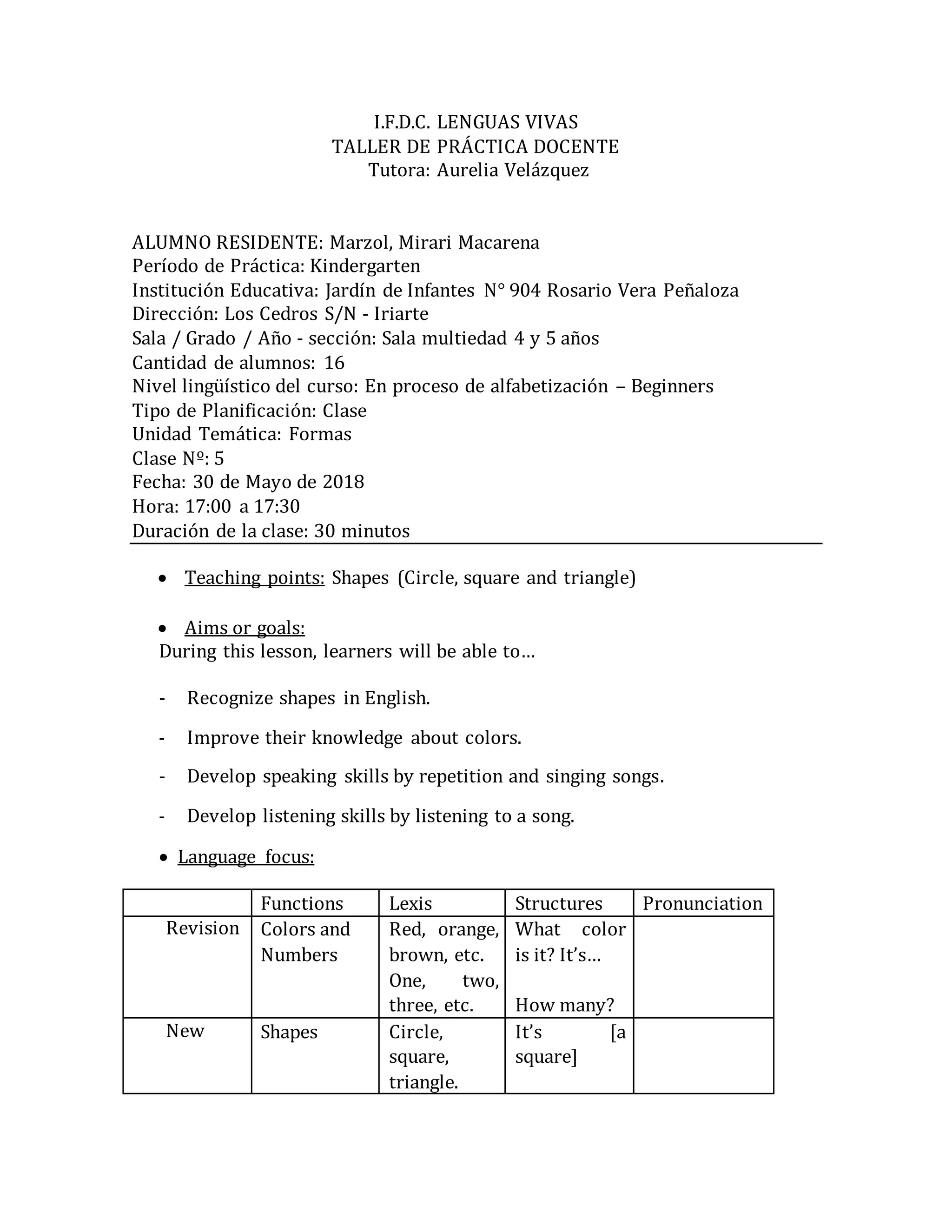 Lesson plan class 5 - Kinder | PDF