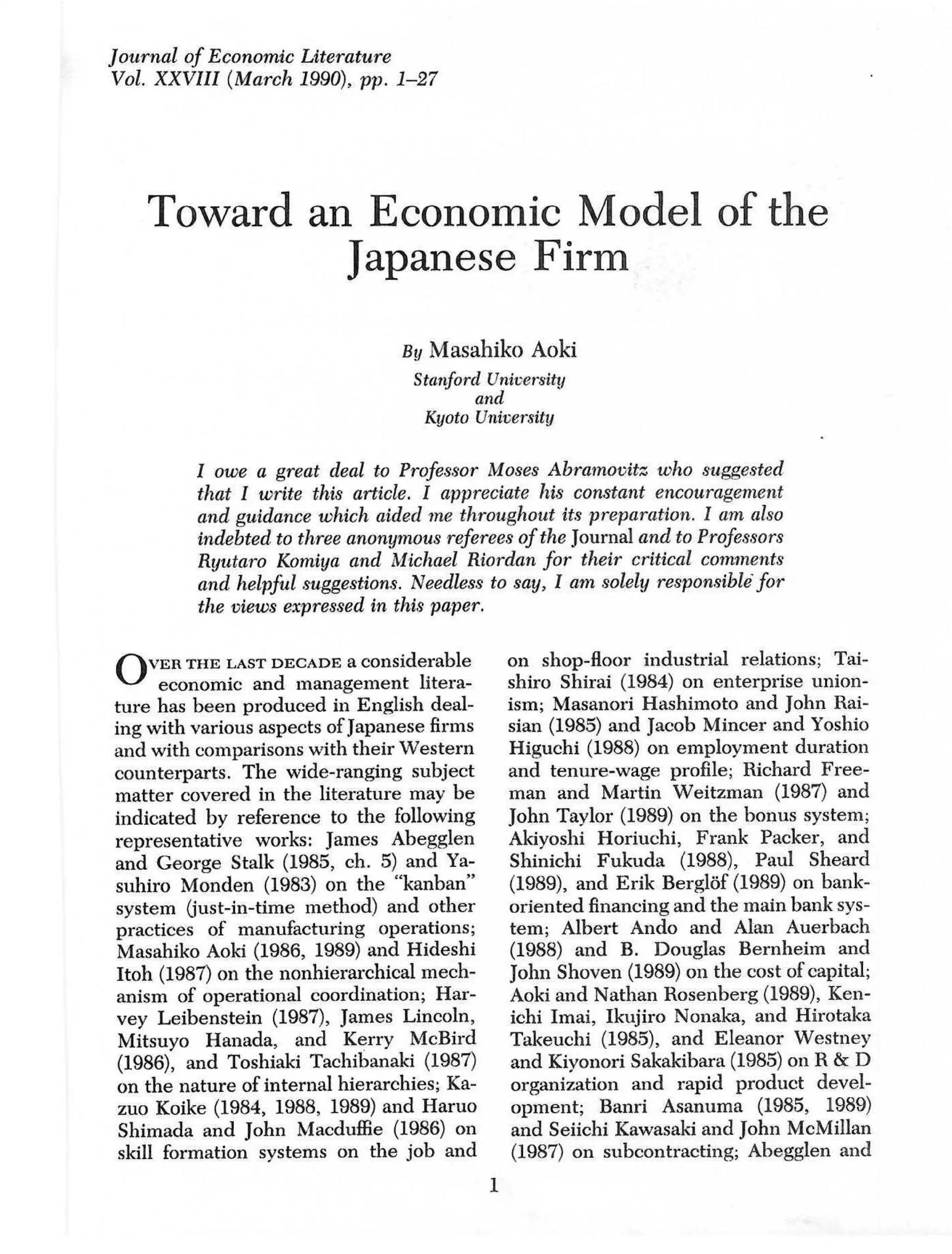 Masahiko aoki toward an economic model of japanese firm | PDF