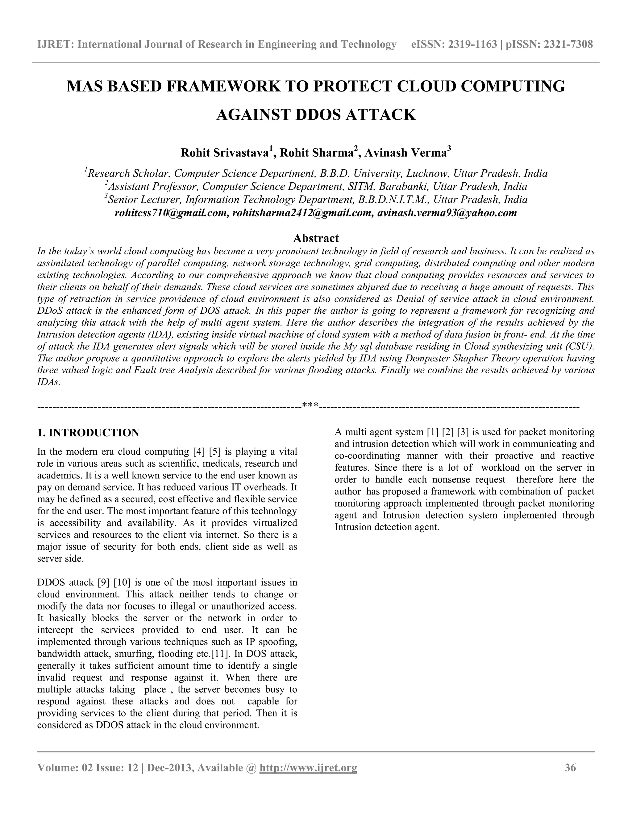 Mas based framework to protect cloud computing against ddos attack | PDF | Cloud Computing ...