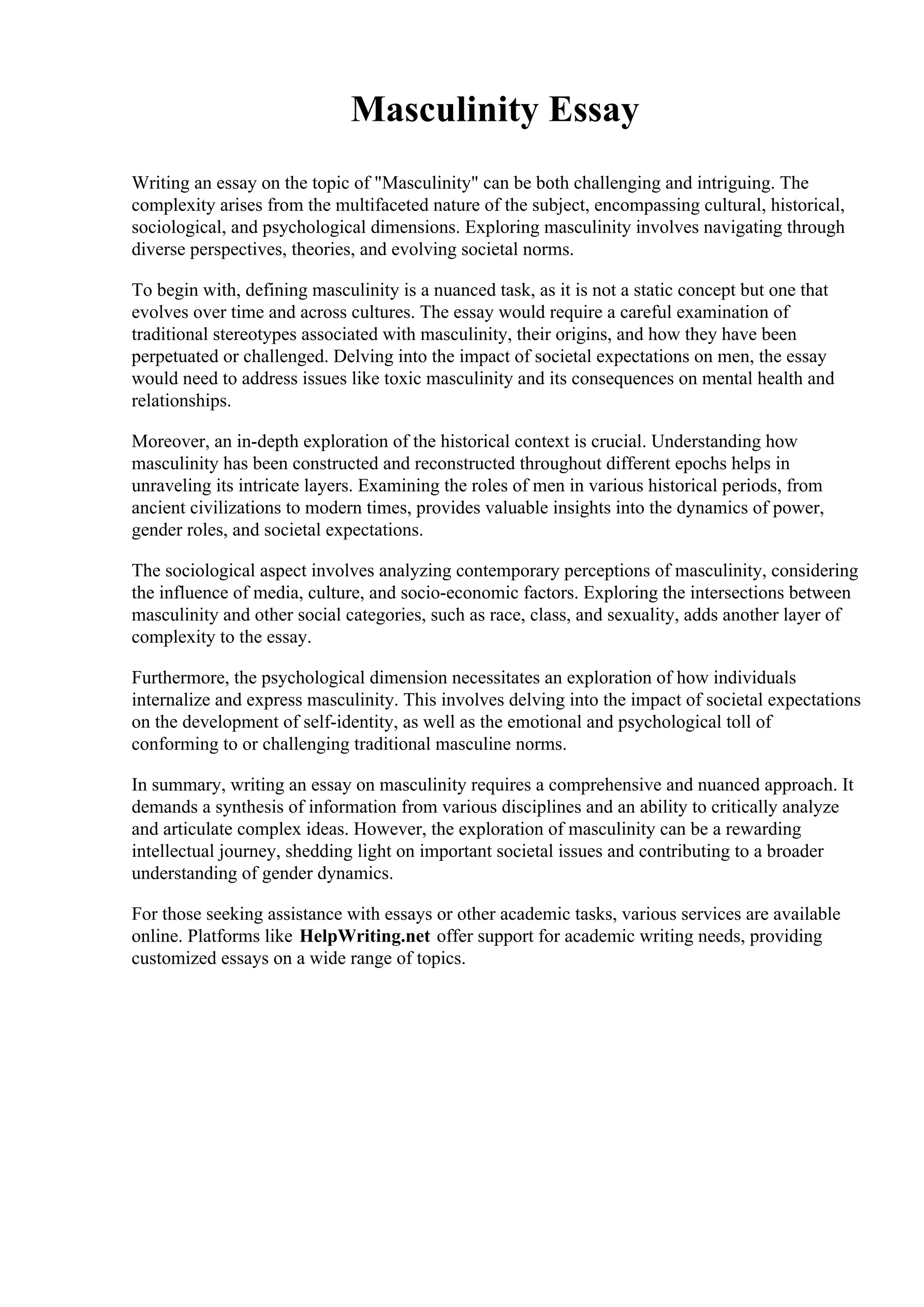 Masculinity Essay. First Coast Technical College | PDF