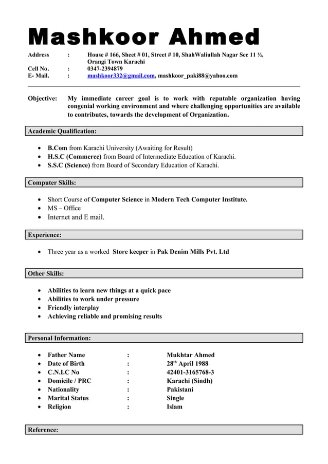 Mashkoor ahmed cv | DOC | Secondary Education | Education