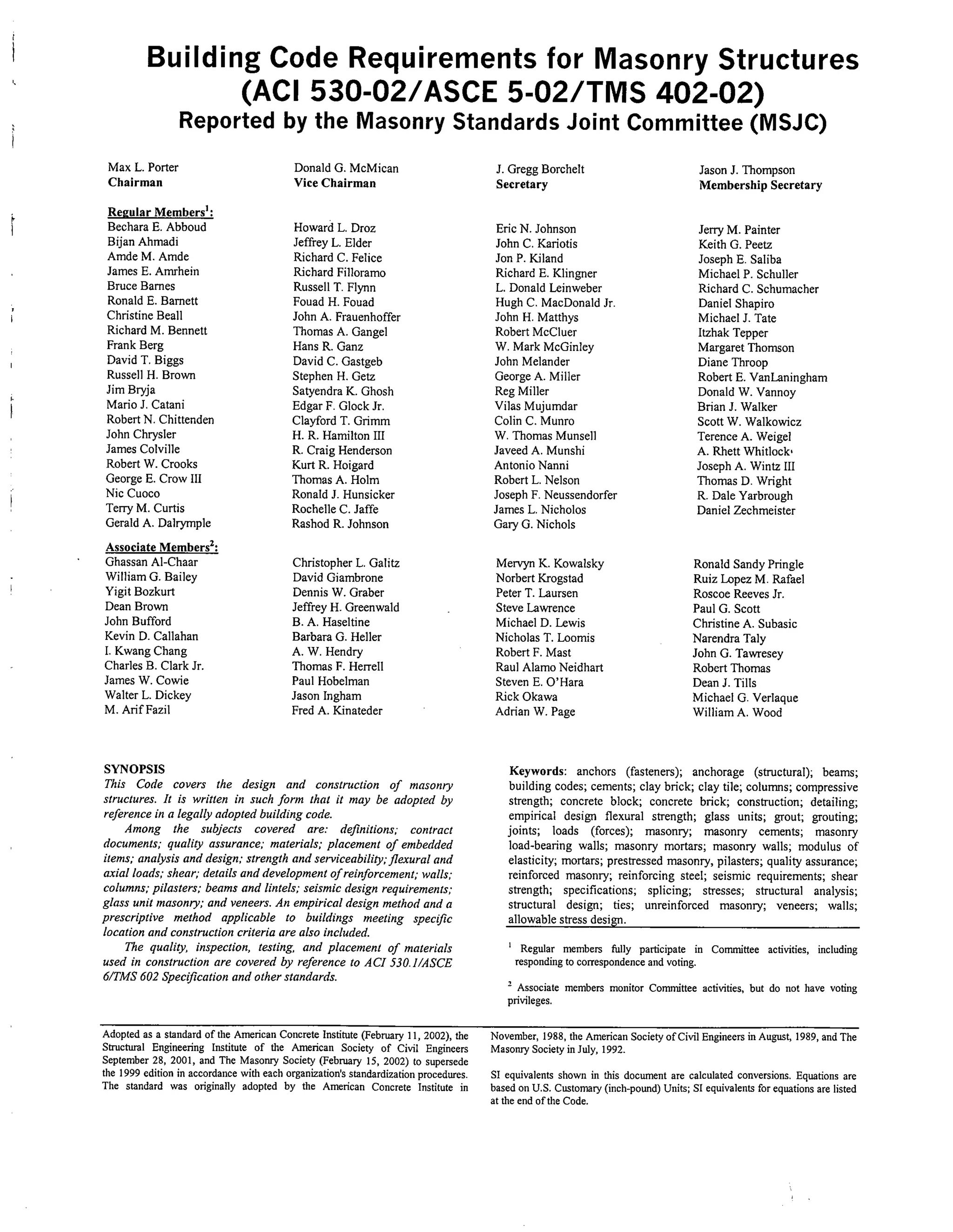 Masonry buildingcode1 3-02 aci 530-asce 5-tms 402-95 | PDF