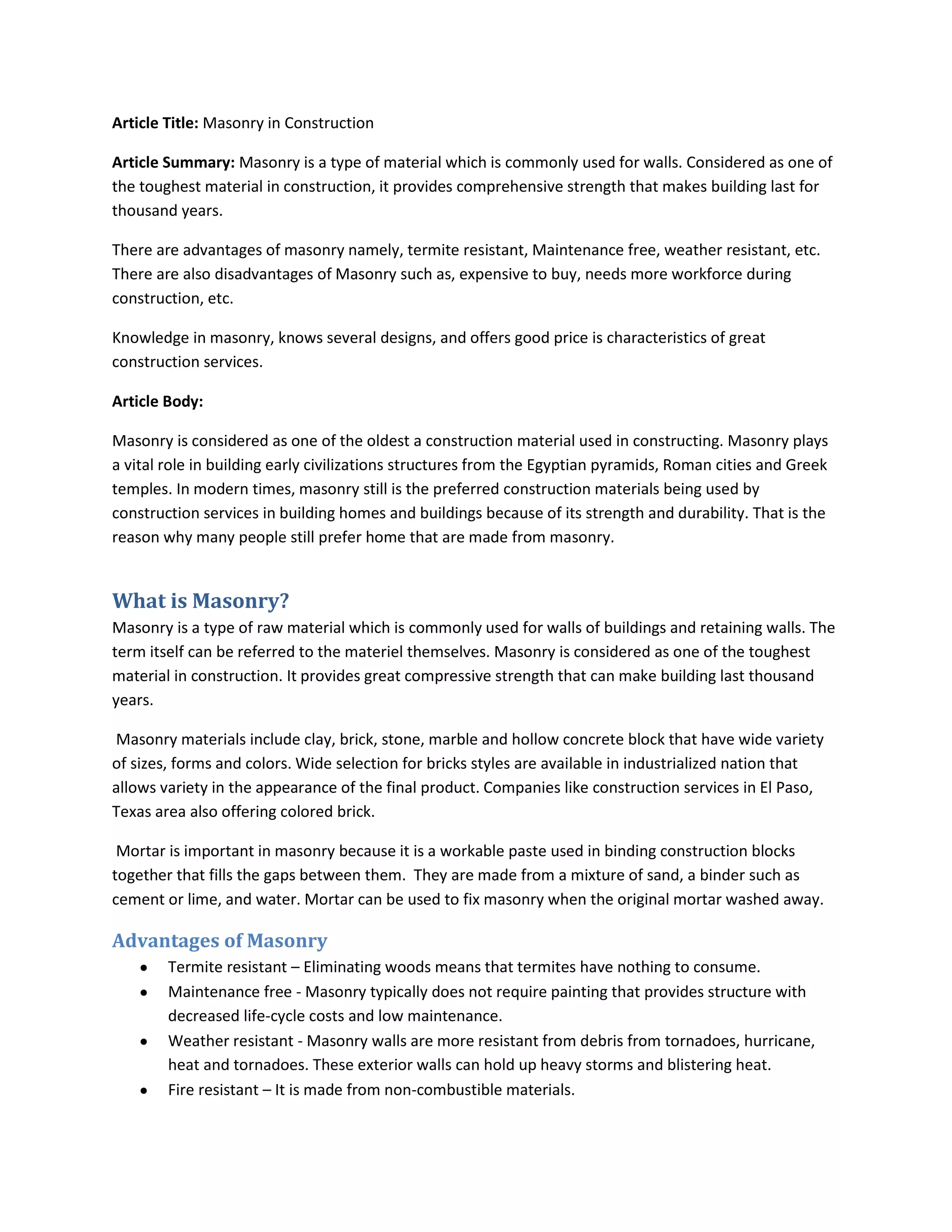Masonry in construction | DOCX