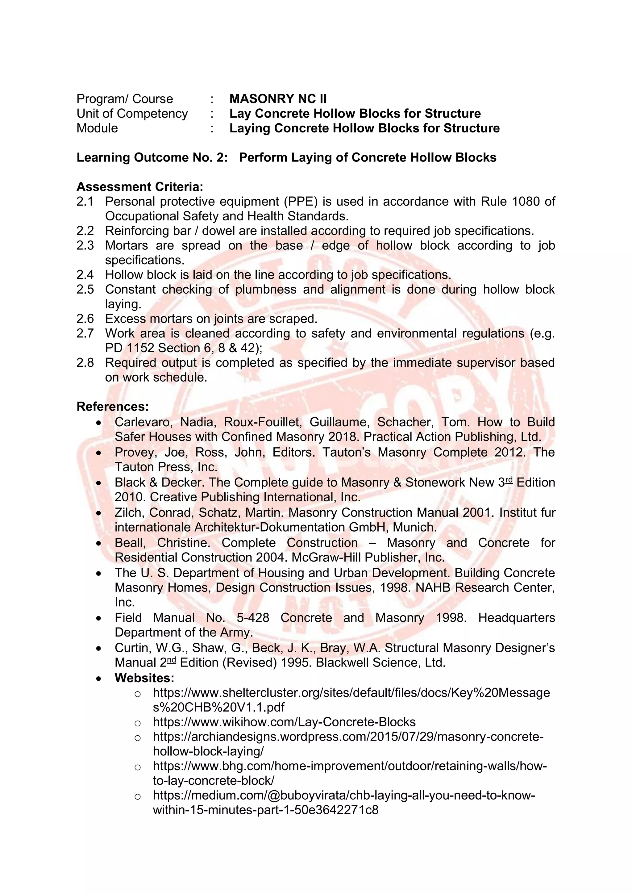 MASONRY NC II - CBLM | PDF