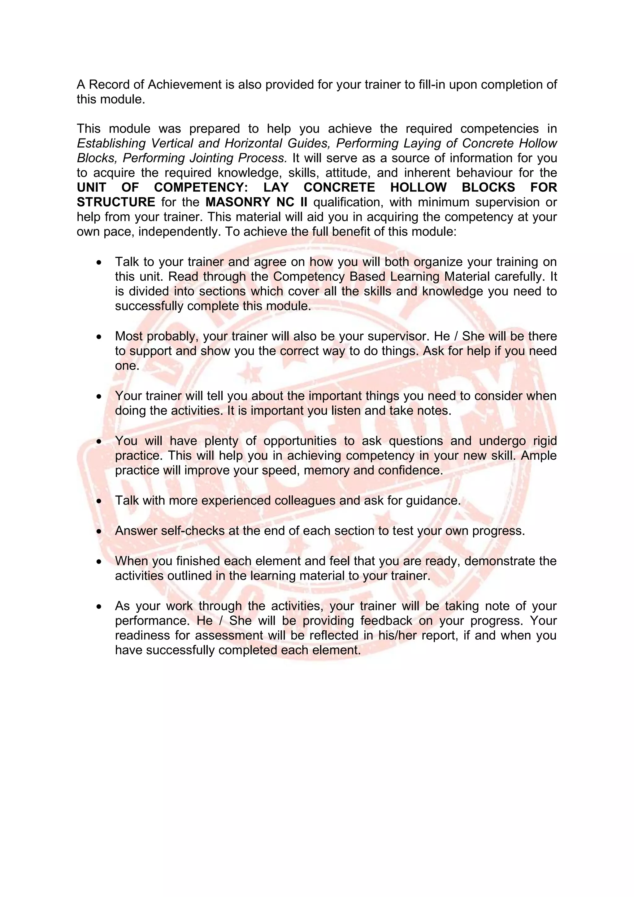 MASONRY NC II - CBLM | PDF