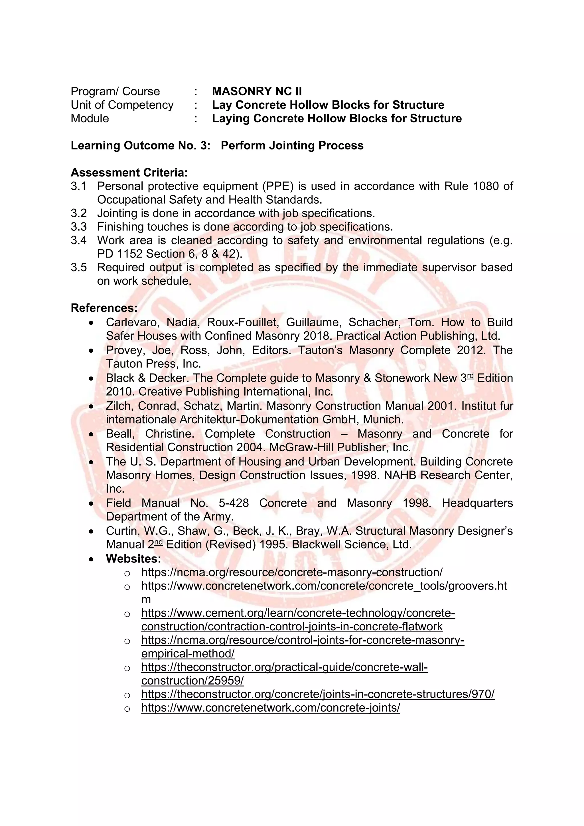 MASONRY NC II - CBLM | PDF