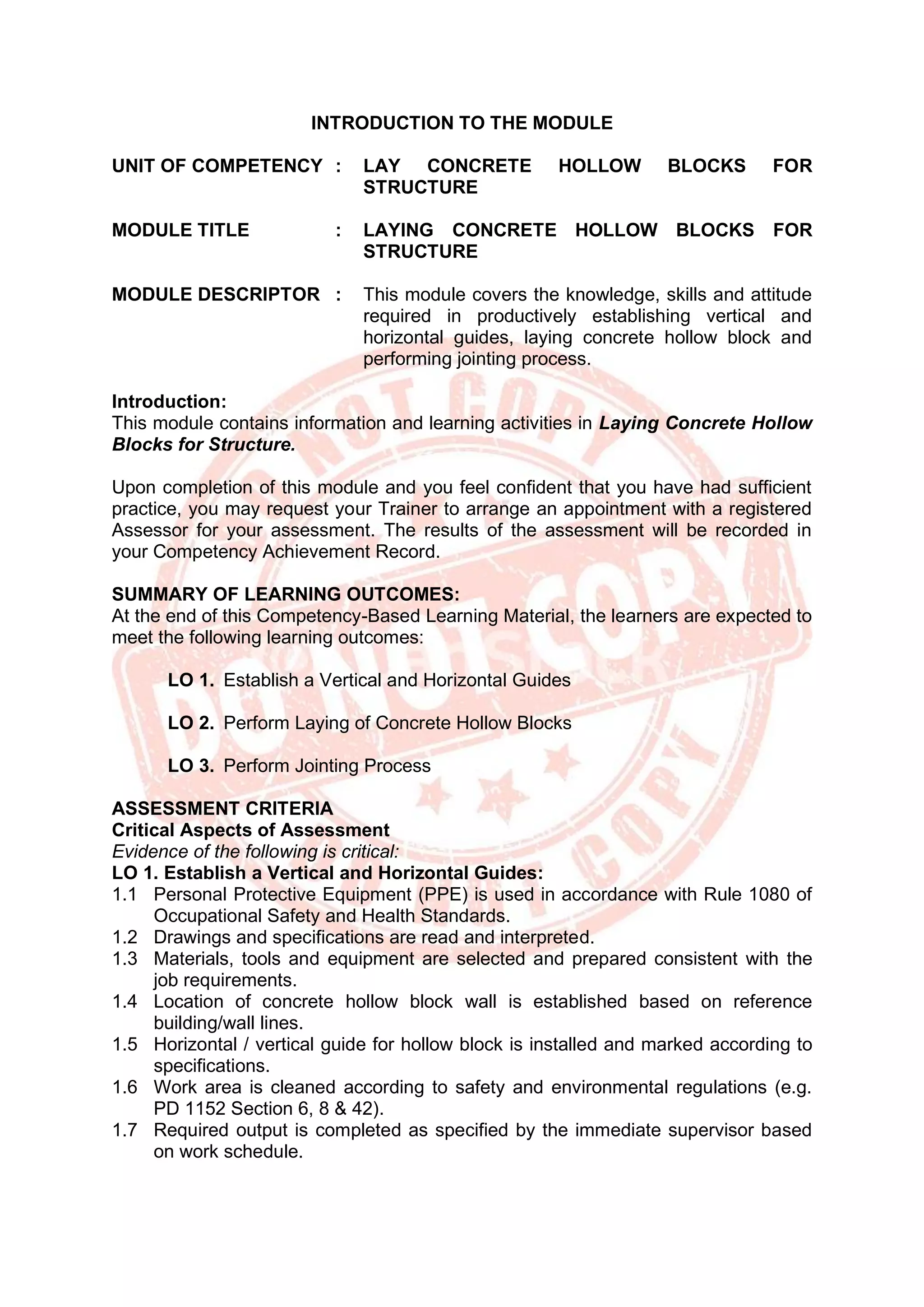 MASONRY NC II - CBLM | PDF