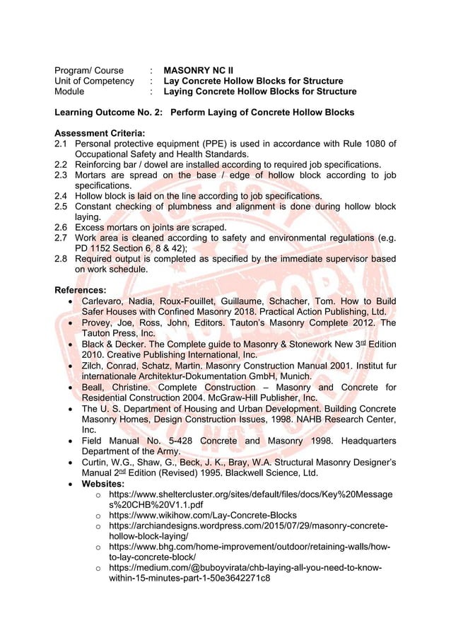 MASONRY NC II - CBLM | PDF