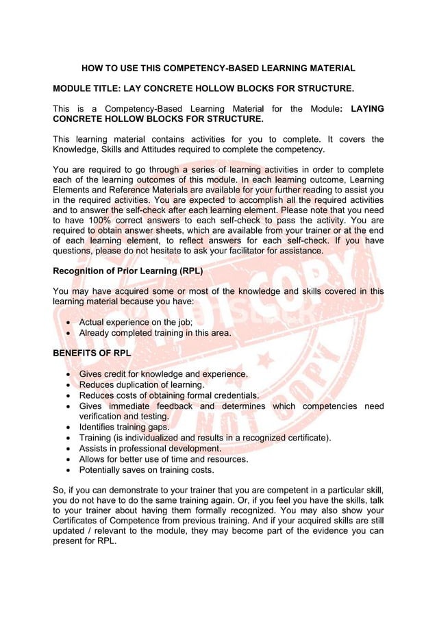 MASONRY NC II - CBLM | PDF