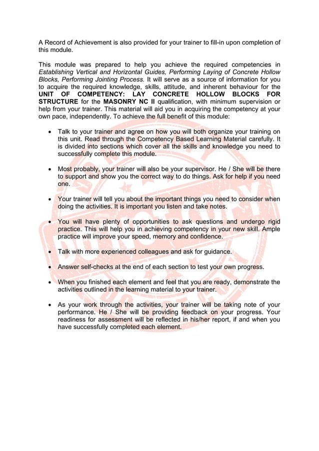 MASONRY NC II - CBLM | PDF
