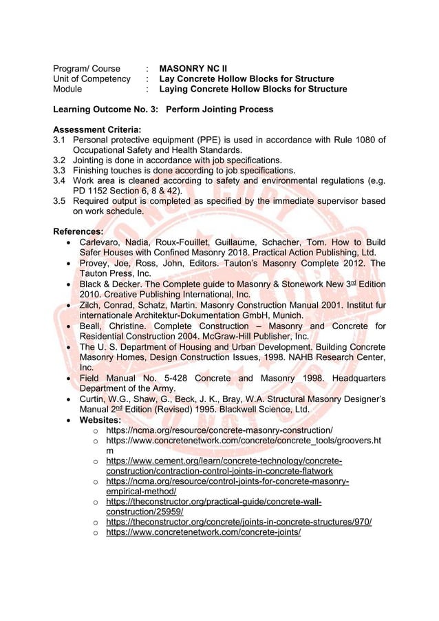 MASONRY NC II - CBLM | PDF