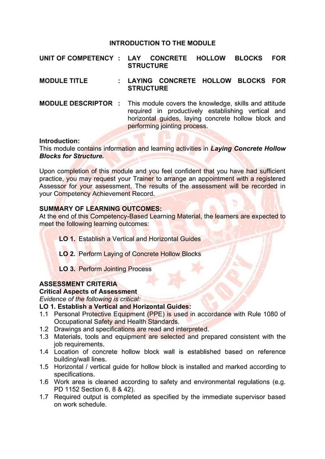 MASONRY NC II - CBLM | PDF