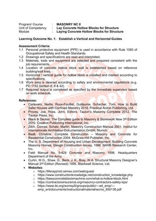 MASONRY NC II - CBLM | PDF