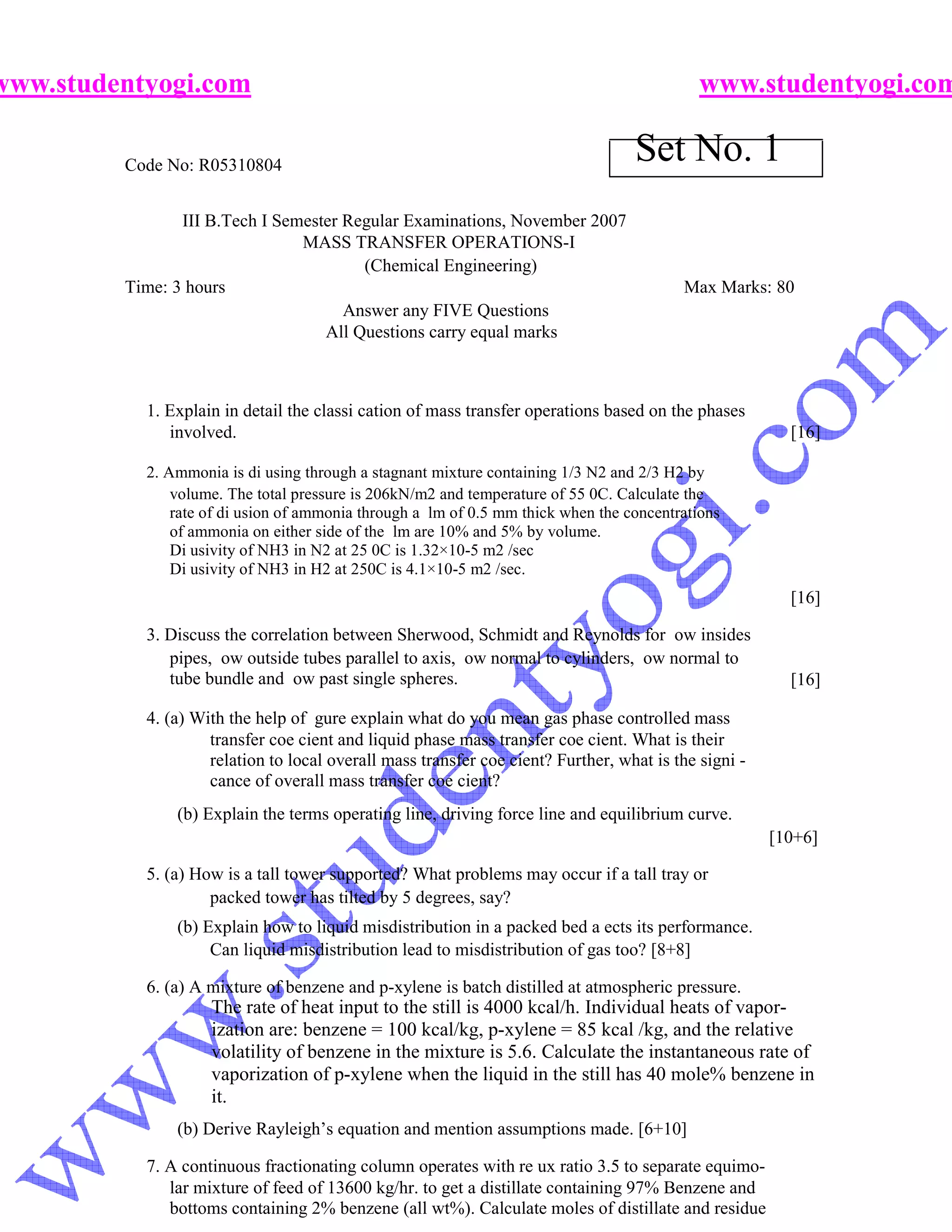 Mass Transfer Operations I Jntu Model Paper{Www.Studentyogi.Com} | PDF