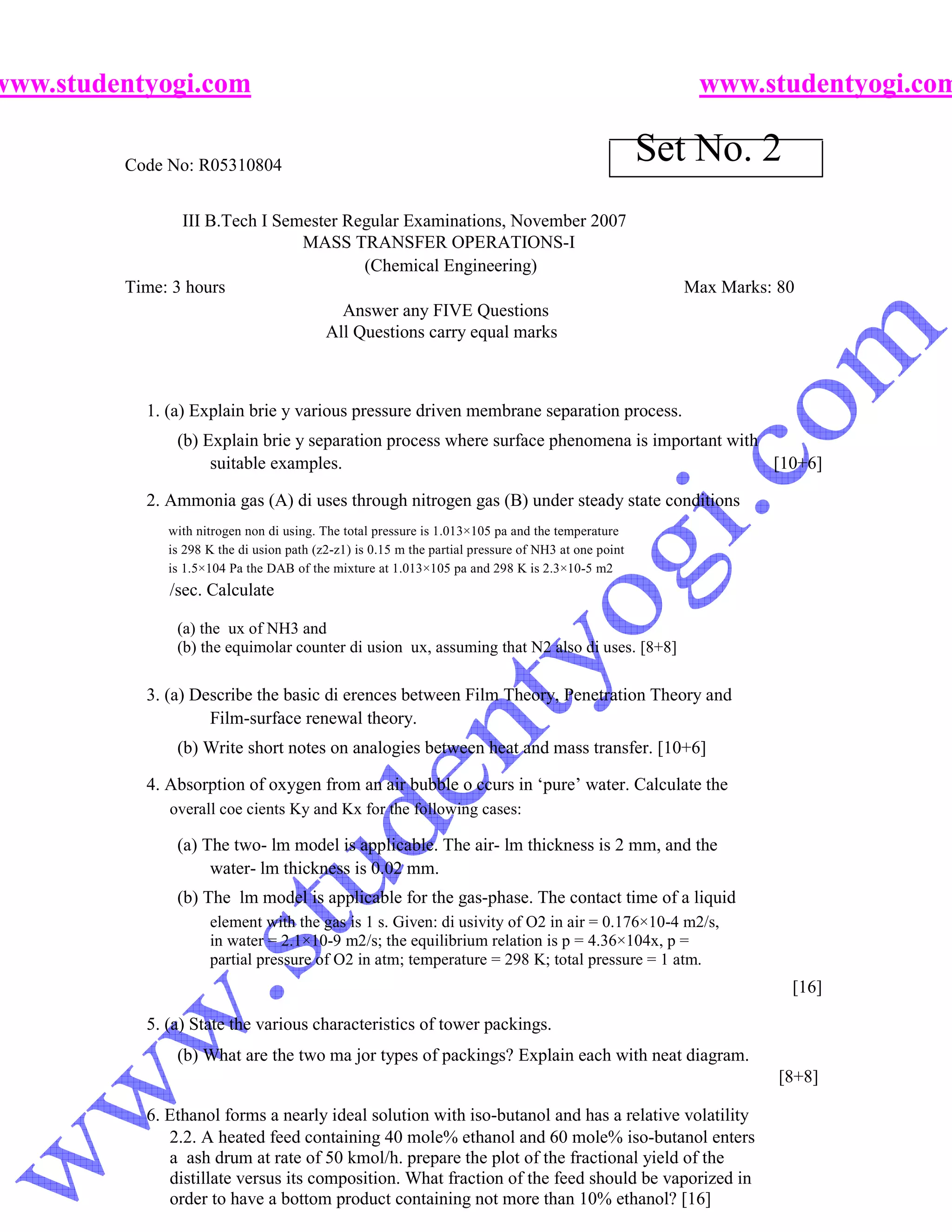 Mass Transfer Operations I Jntu Model Paper{Www.Studentyogi.Com} | PDF