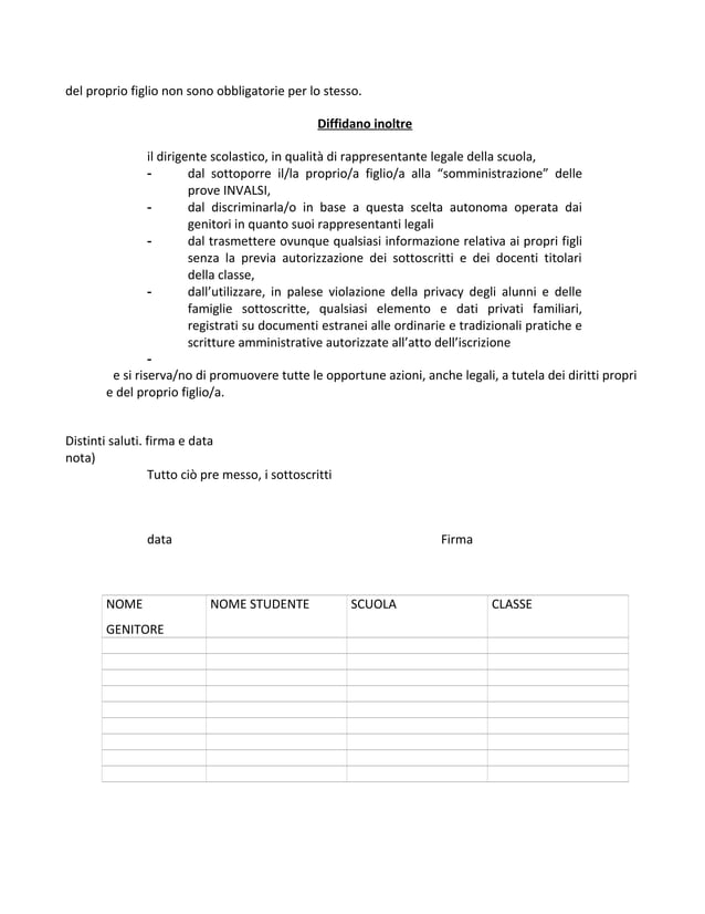 Massa carrara diffida genitori invalsi 2016 | DOC | Education