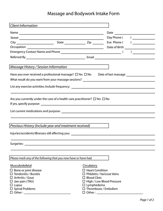 Massage Intake Form 062004 | PDF