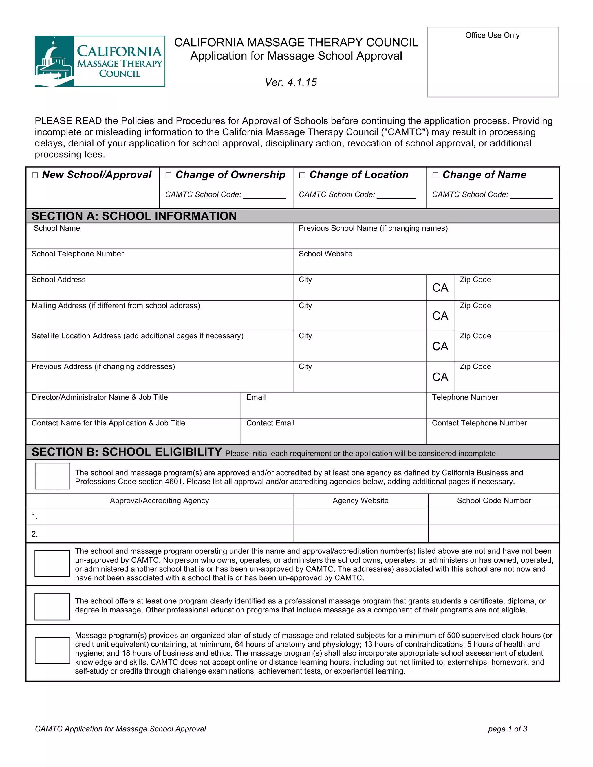 California Massage Therapy Council Application for Massage School ...