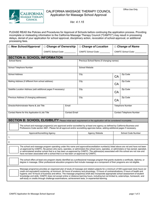 California Massage Therapy Council Application for Massage School ...