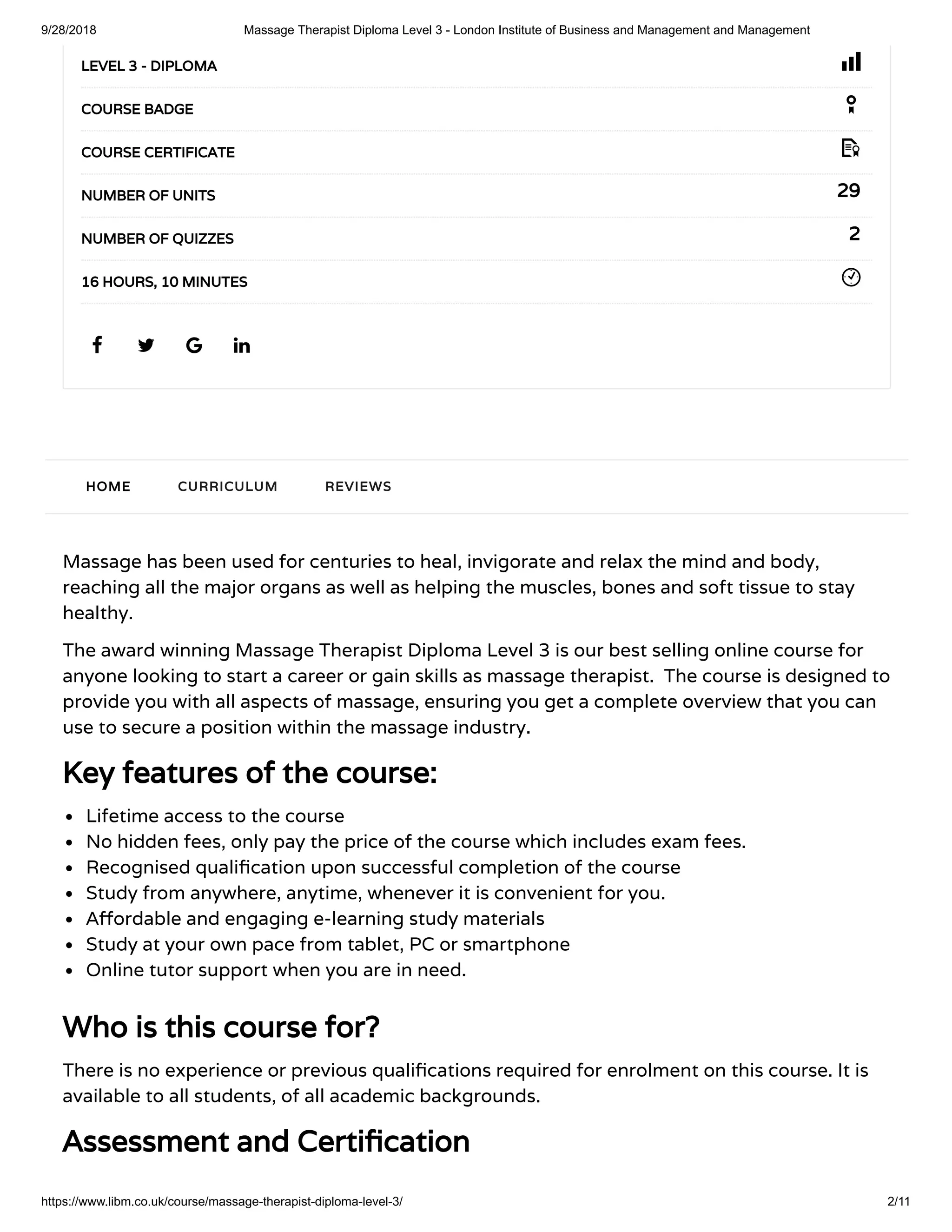Massage Therapist Diploma Level 3 - LIBM | PDF