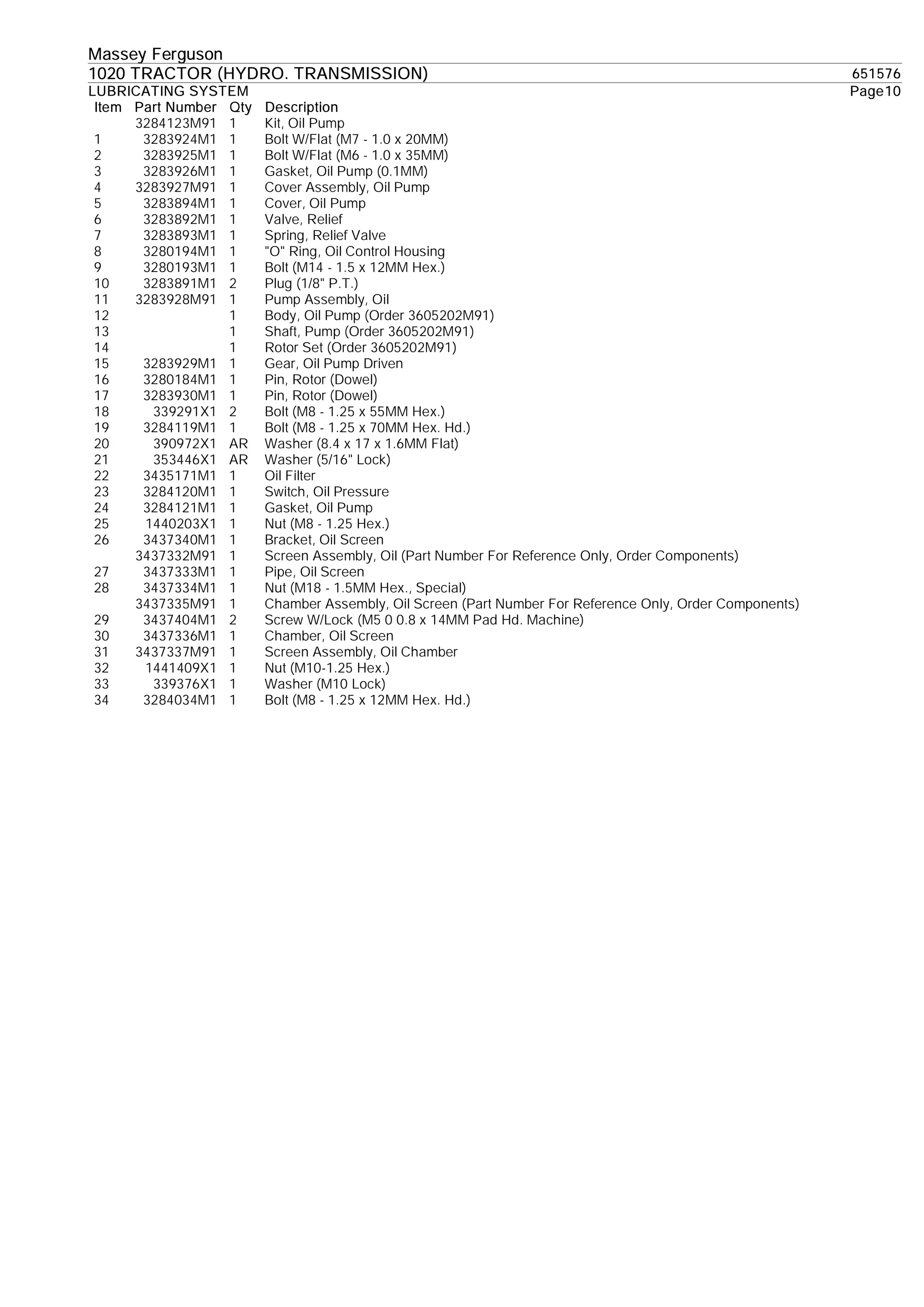 Massey ferguson 1020 tractor (hydro. transmission) parts catalogue ...