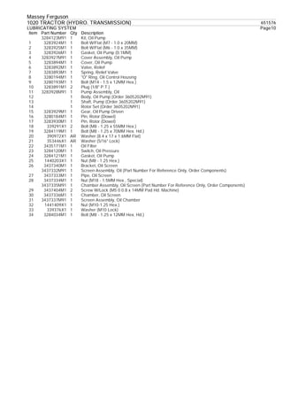 Massey ferguson 1020 tractor (hydro. transmission) parts catalogue ...