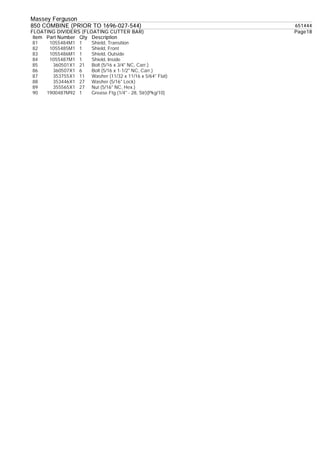 Massey ferguson 850 combine (prior to 1696 027-544) parts catalogue manual | PDF