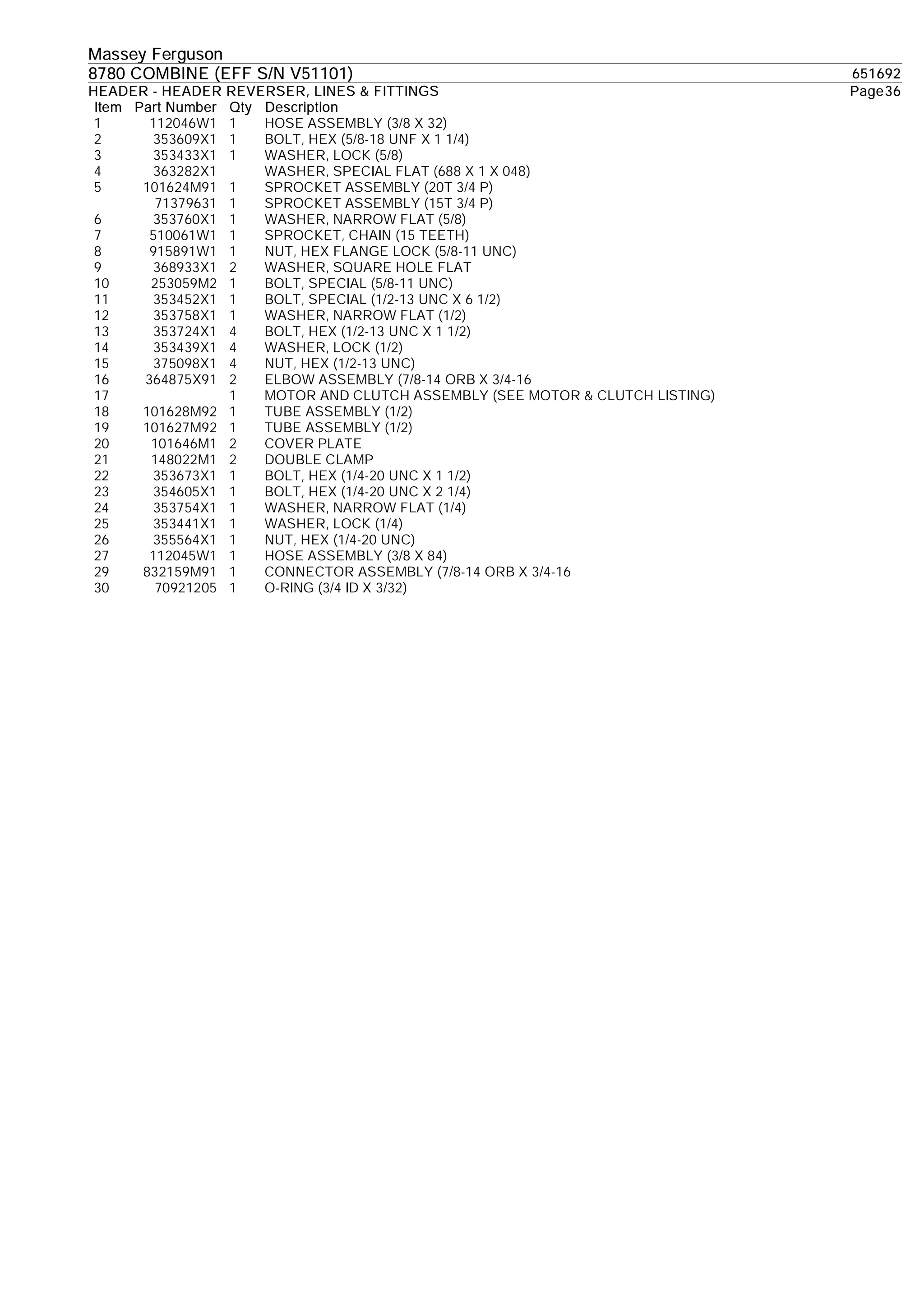Massey ferguson 8780 combine (eff sn v51101) parts catalogue manual | PDF