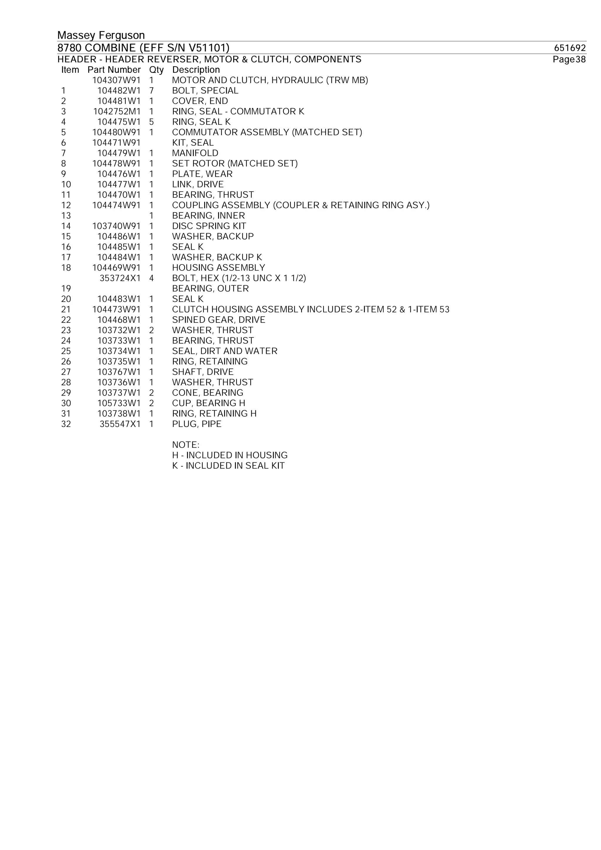 Massey ferguson 8780 combine (eff sn v51101) parts catalogue manual | PDF