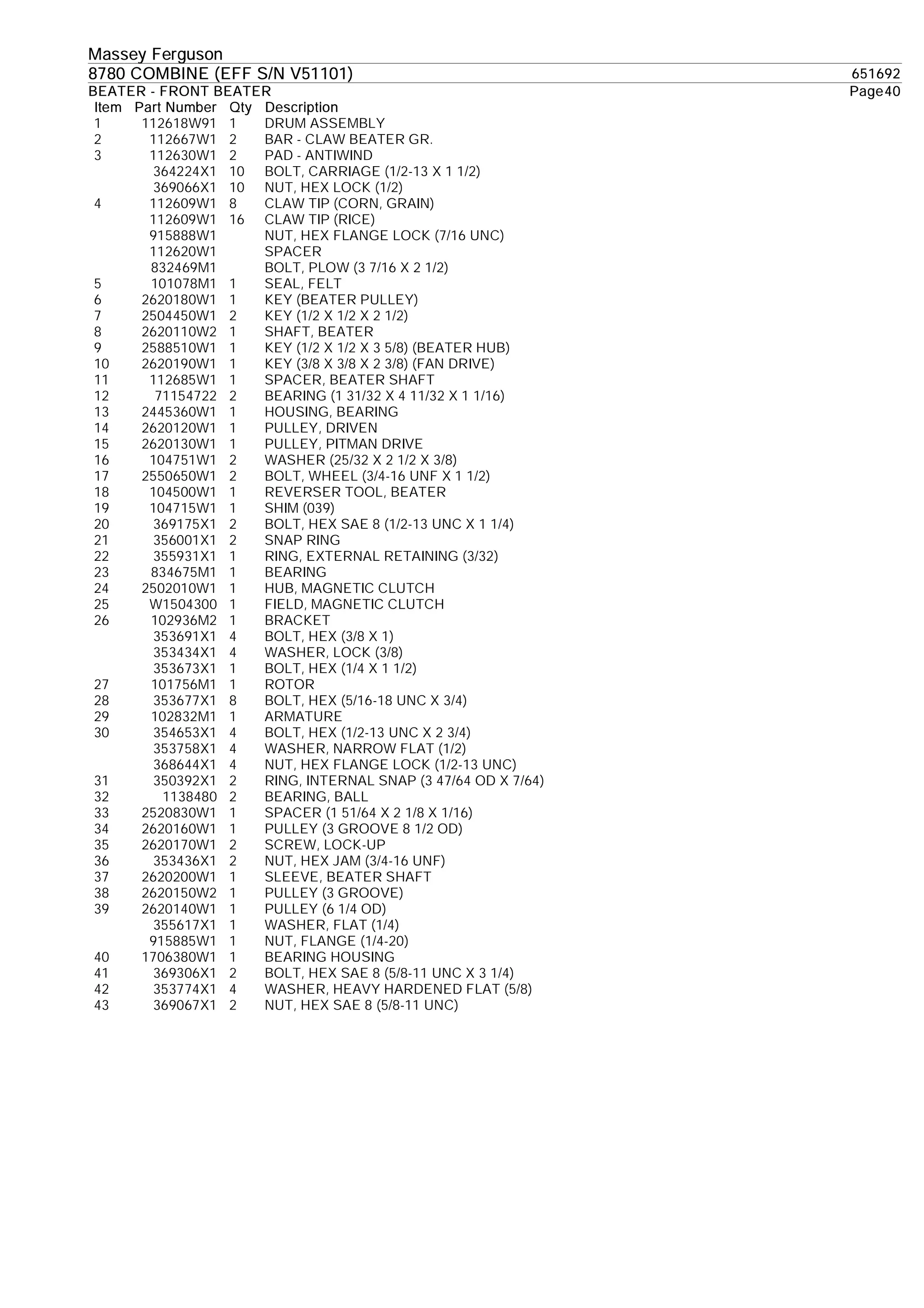 Massey ferguson 8780 combine (eff sn v51101) parts catalogue manual | PDF