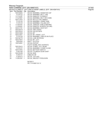 Massey ferguson 9690 combine (eff sn hm87101) parts catalogue manual | PDF