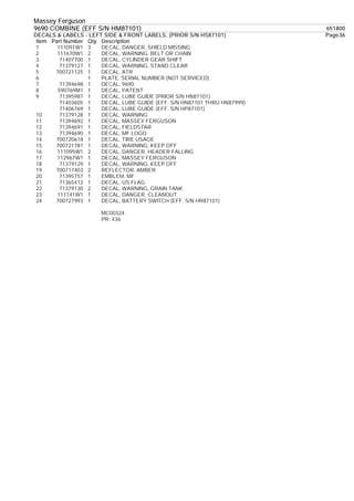 Massey ferguson 9690 combine (eff sn hm87101) parts catalogue manual | PDF