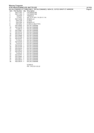 Massey ferguson 9795 moissonneuse batteuse parts catalogue manual | PDF