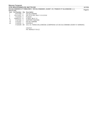 Massey ferguson 9795 moissonneuse batteuse parts catalogue manual | PDF