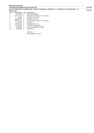 Massey ferguson 9795 moissonneuse batteuse parts catalogue manual | PDF