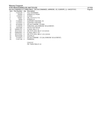 Massey ferguson 9795 moissonneuse batteuse parts catalogue manual | PDF