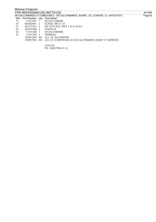 Massey ferguson 9795 moissonneuse batteuse parts catalogue manual | PDF