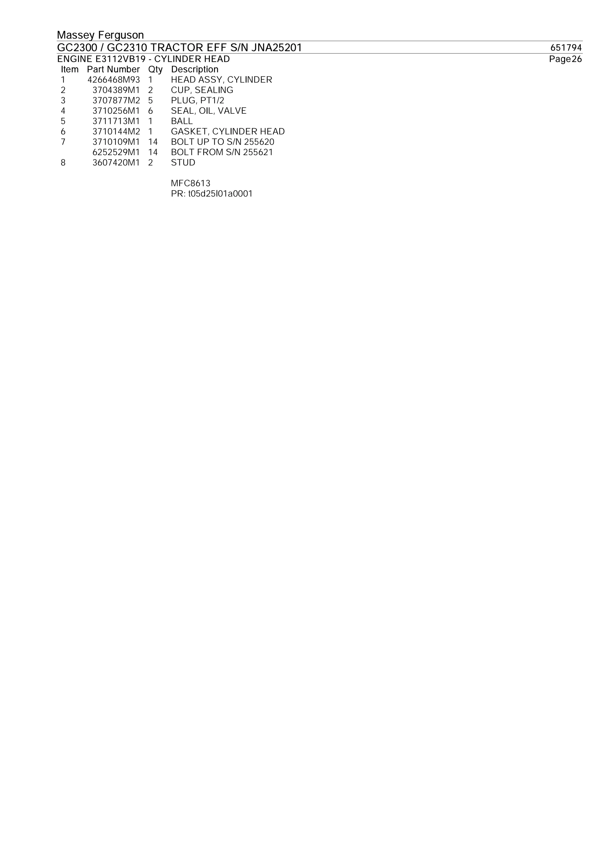 Massey ferguson gc2300 tractor (eff sn jna25201) parts catalogue manual ...