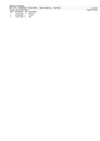 Massey ferguson mf 1215 compact tractor (mechanical) parts catalogue manual | PDF